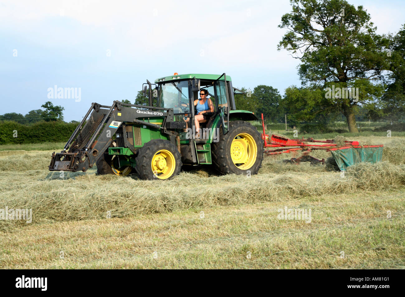 Female farm worker raking hay into rows with Tractor Stock Photo - Alamy