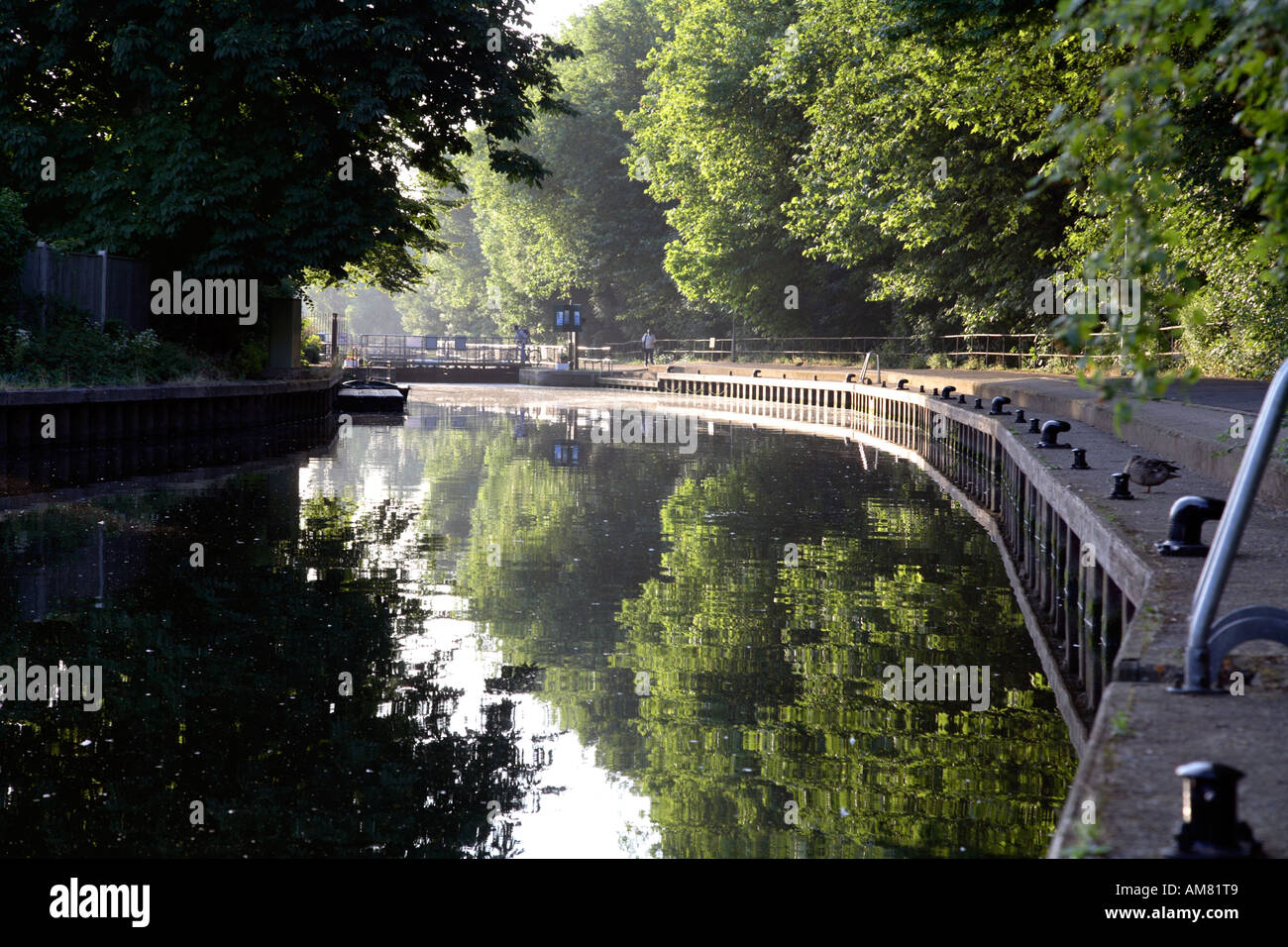 View looking east toward Kings Meadow lock on river Thames in Reading ...