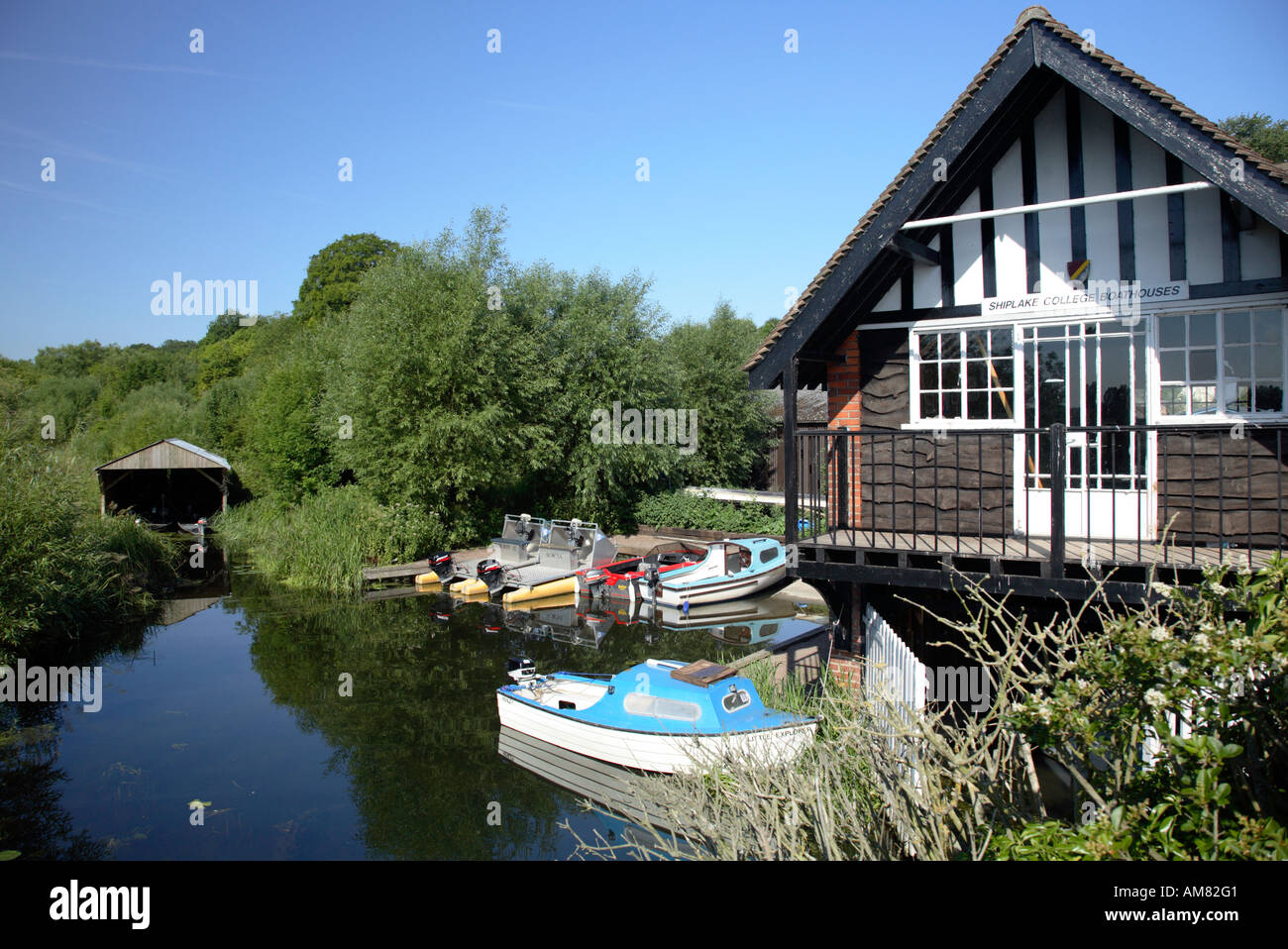 Shiplake College Boathouse on the river Thames in summer Stock Photo ...