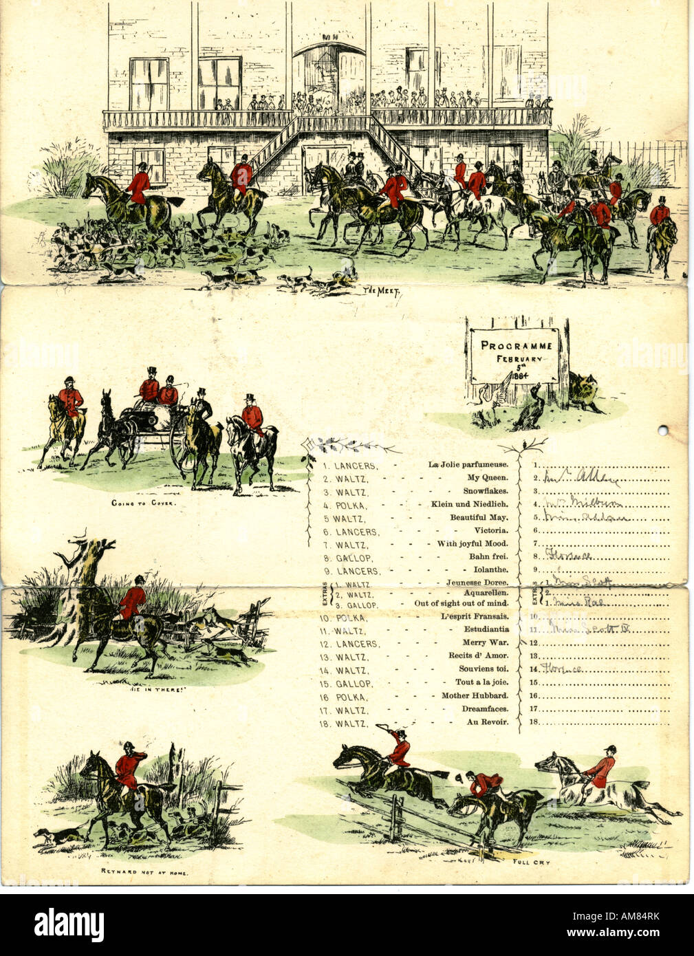 Handcoloured Hunt ball programme Stock Photo - Alamy