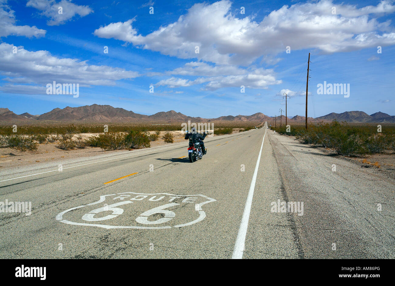 United States, California, Route 66 near Amboy, road markings and biker ...
