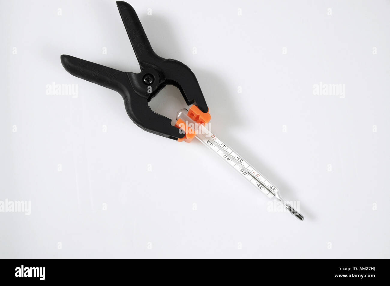 Thermometer held by a clamp on white background Stock Photo - Alamy