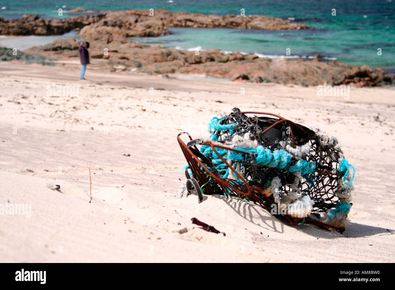 Fishing basket on a beach, Iona near the Isle of Mull, Argyll, West ...