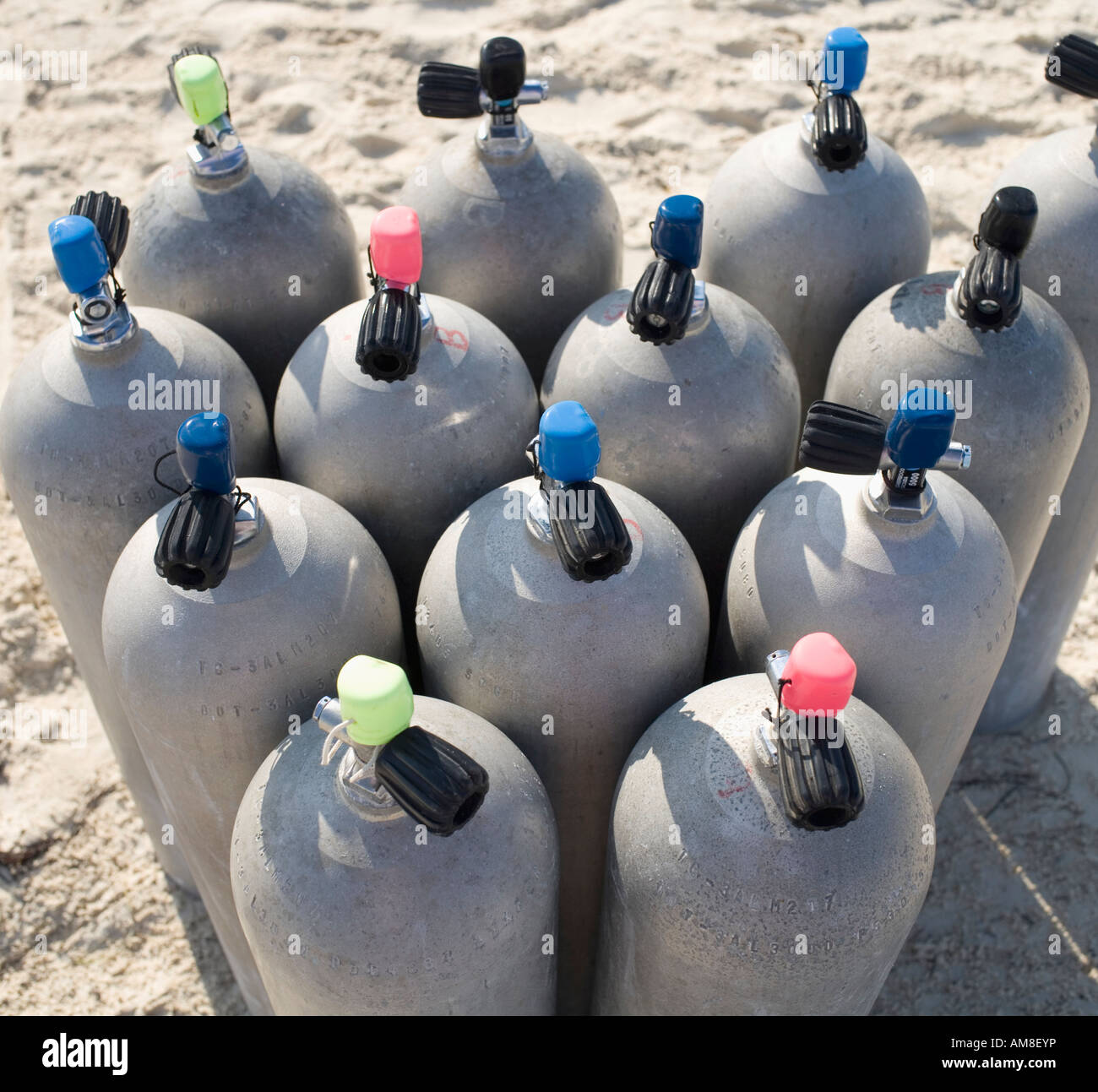 Oxygen tanks for divers on beach Stock Photo - Alamy