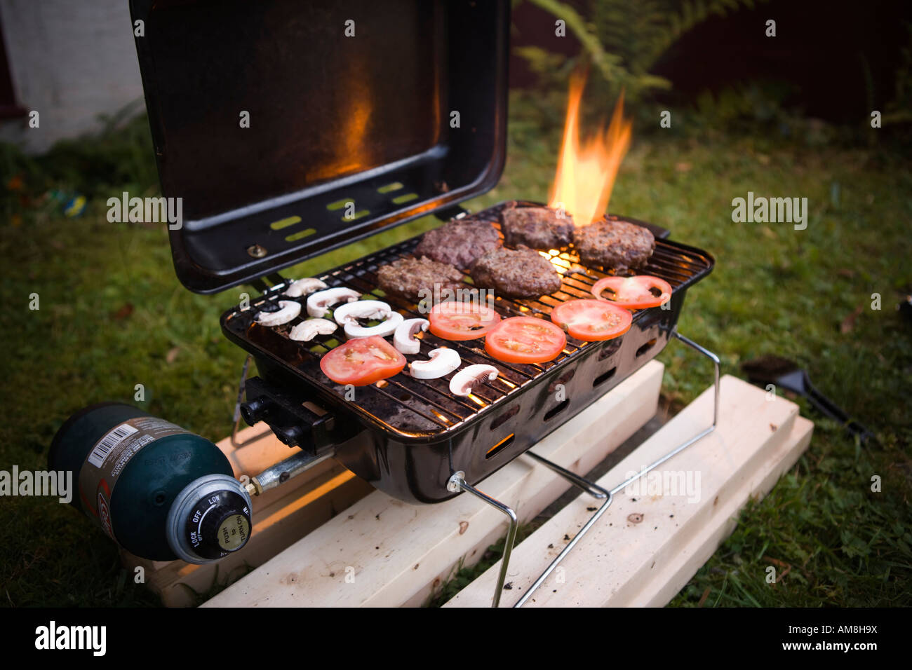 cooking with a portable gas barbecue Stock Photo - Alamy
