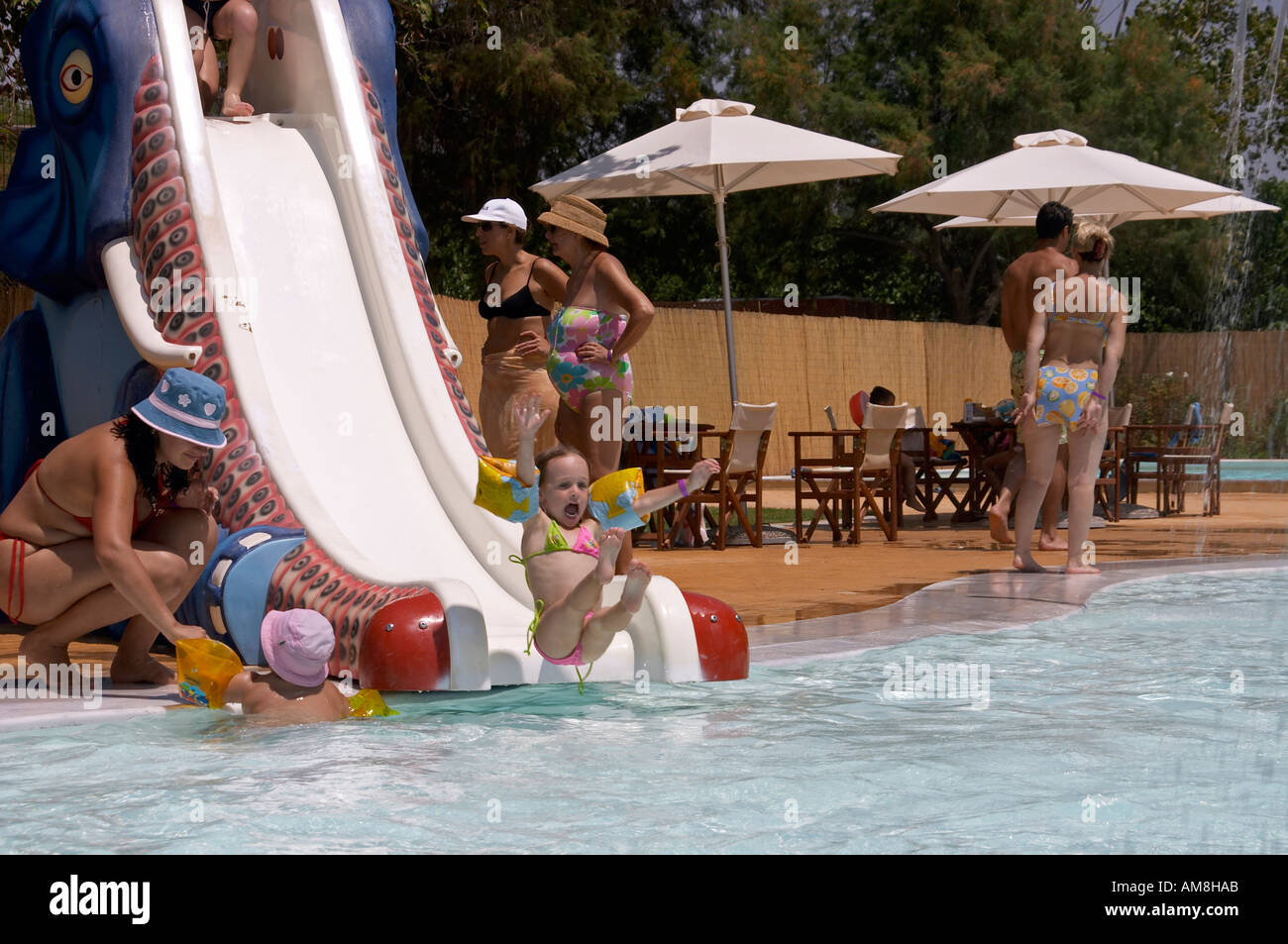 Young girl on waterslide waterpark Yia banaki Varkissa Attiki Greece ...