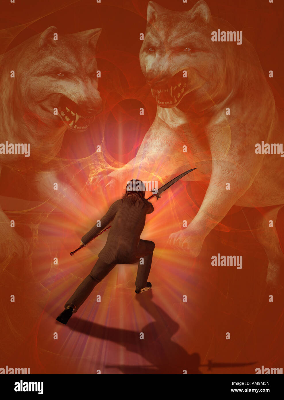 Businessman fighting off predators Stock Photo - Alamy