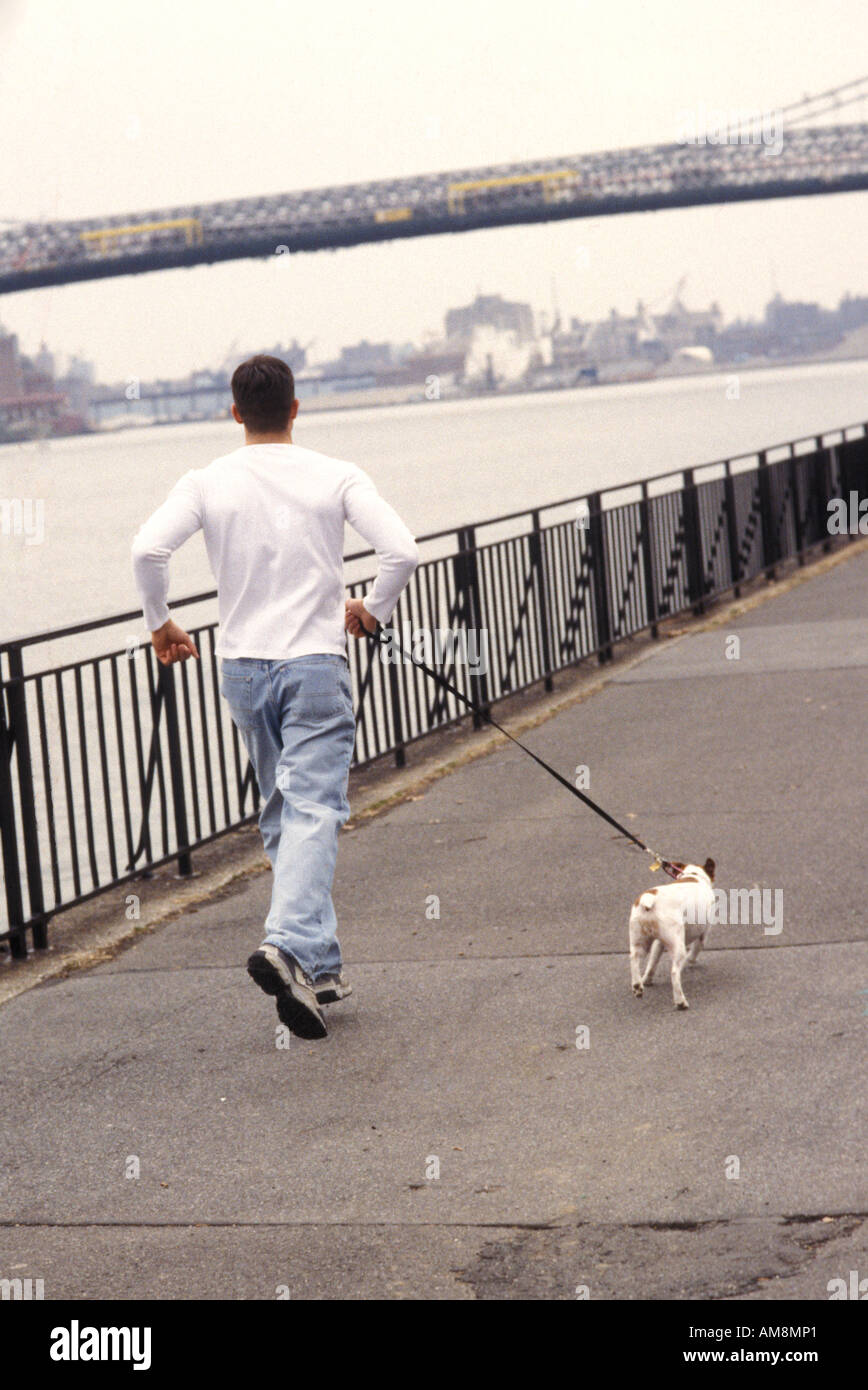 Man running with dog by railings, rear view Stock Photo - Alamy