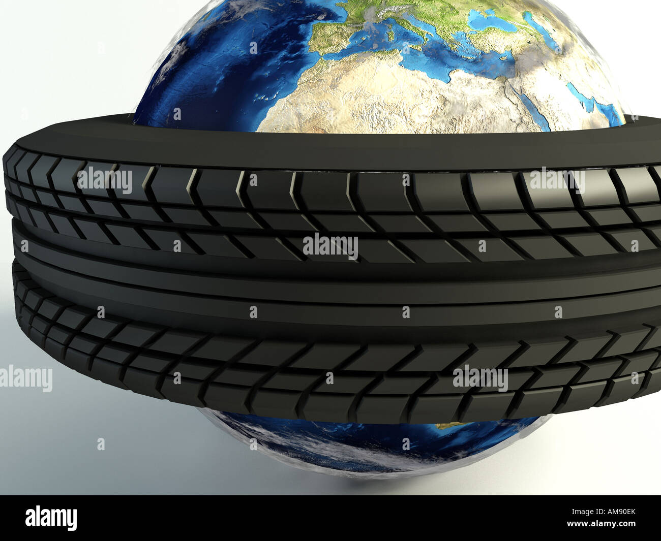 Closeup of new tyre around the world on isolated white background Stock ...
