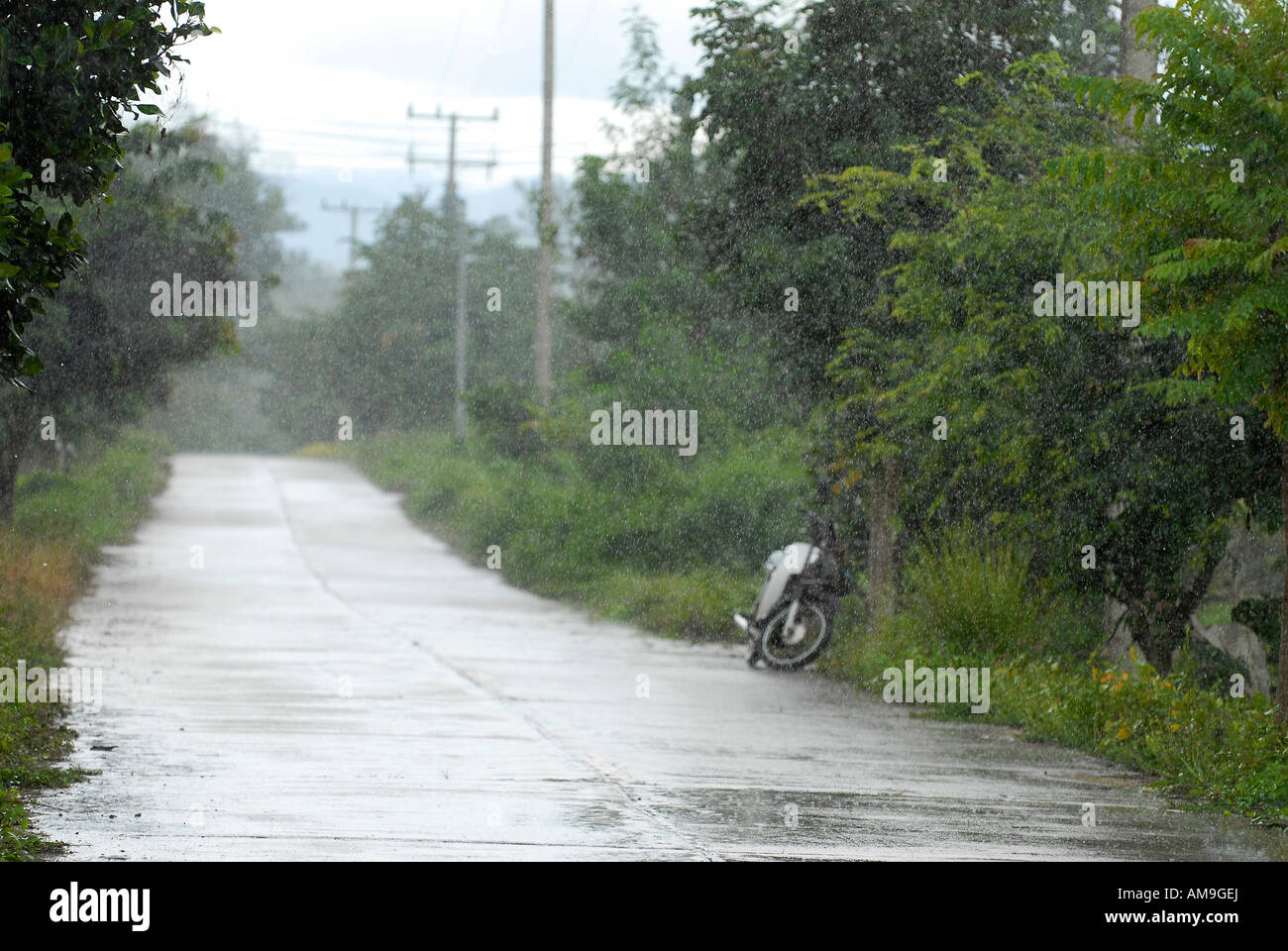 motorbike parked on a rainy rural road near pai, northern thailand ...