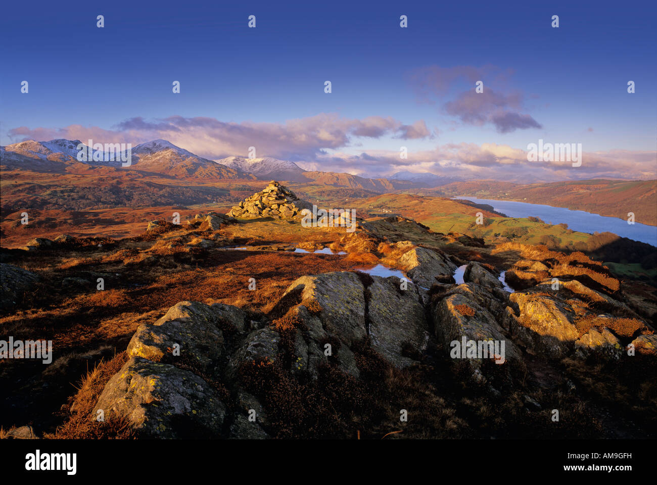 Winter view over Coniston Water with Coniston fells, The Lake District ...