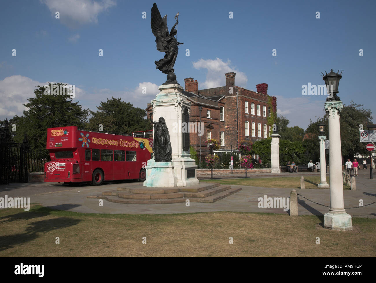 Red open topped double decker bus, statue, Hallowtrees museum Cowdray ...
