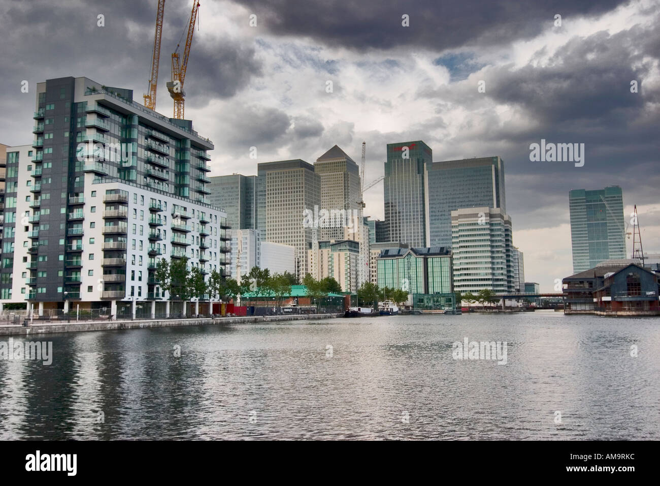 View across Millwall Inner Dock towards Canary Wharf office complex ...