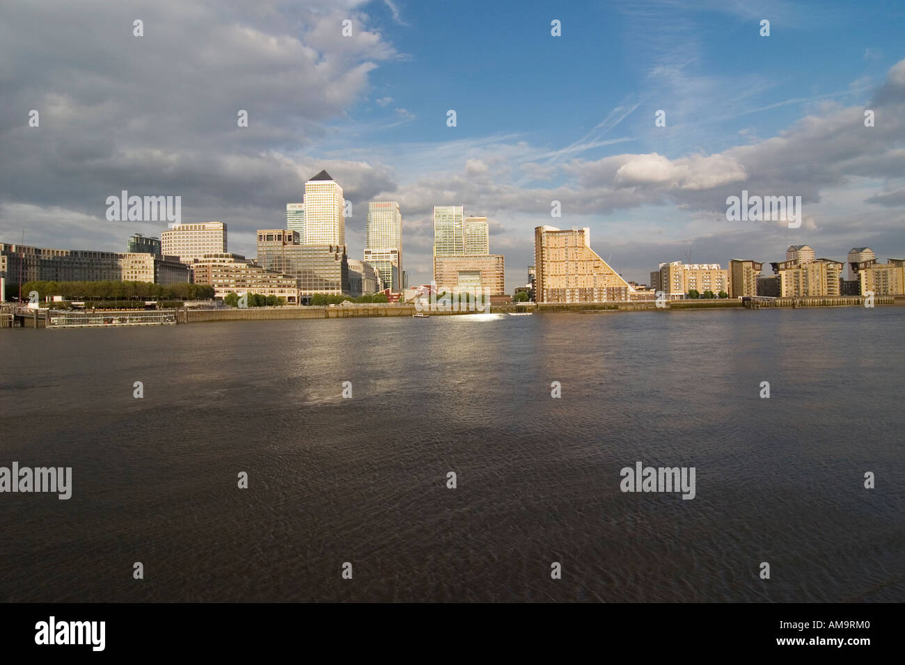 View across River Thames towards Canary Wharf complex Docklands London ...