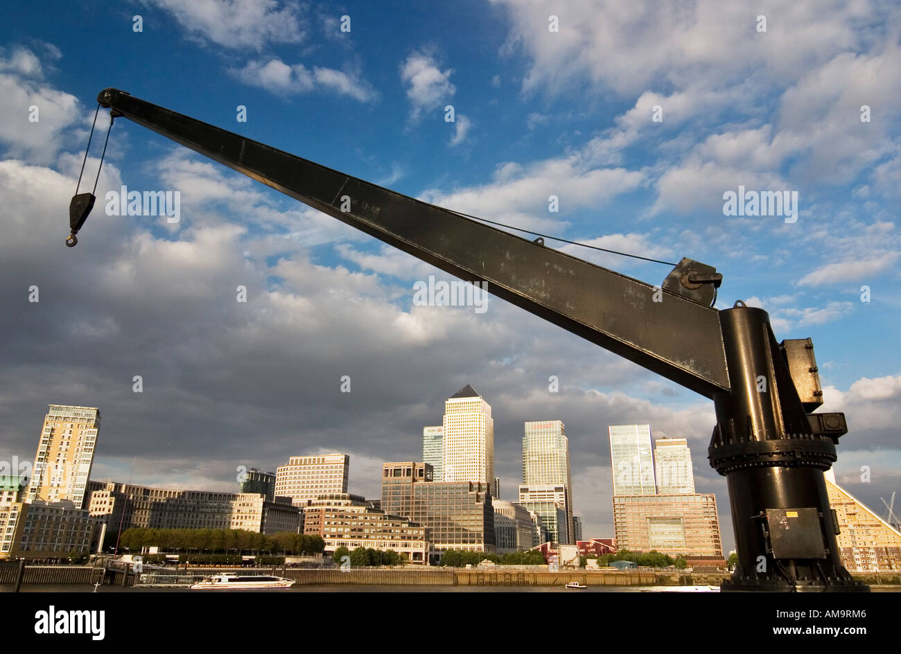 View through a winch across River Thames towards Canary Wharf complex ...