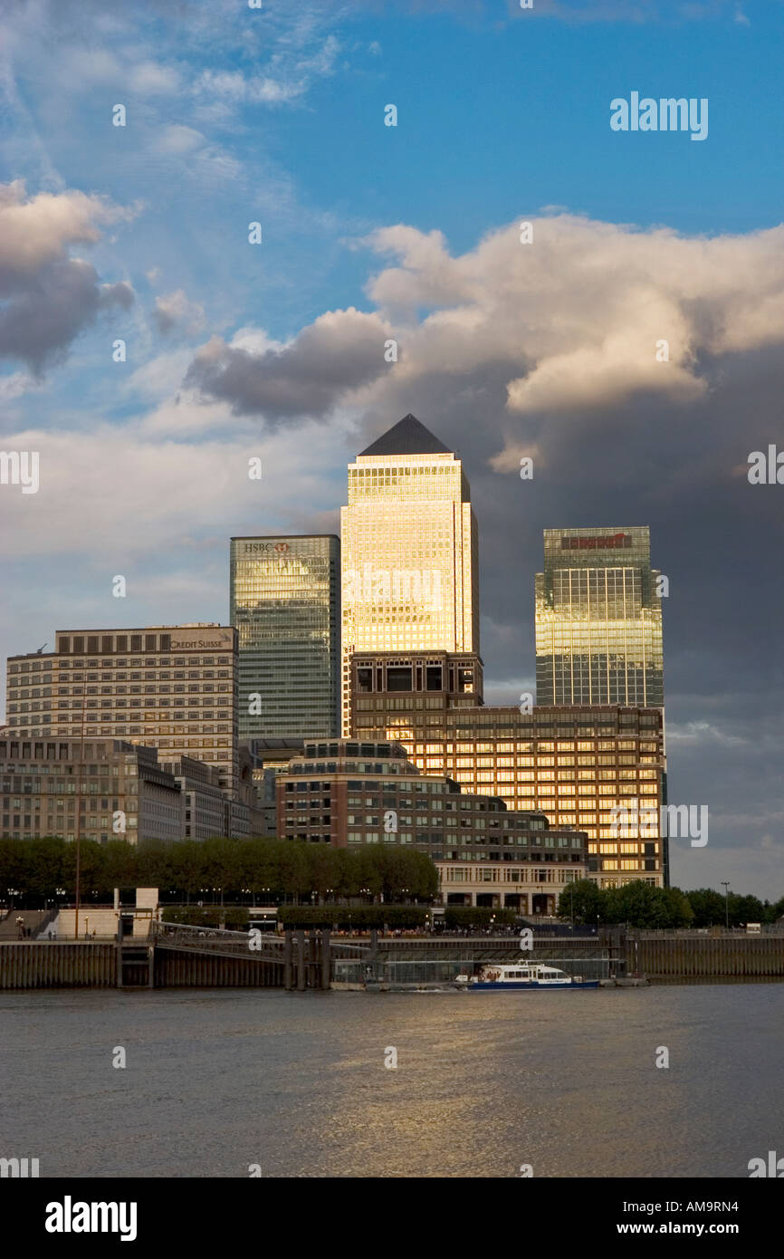 View across River Thames towards Canary Wharf complex Docklands London ...