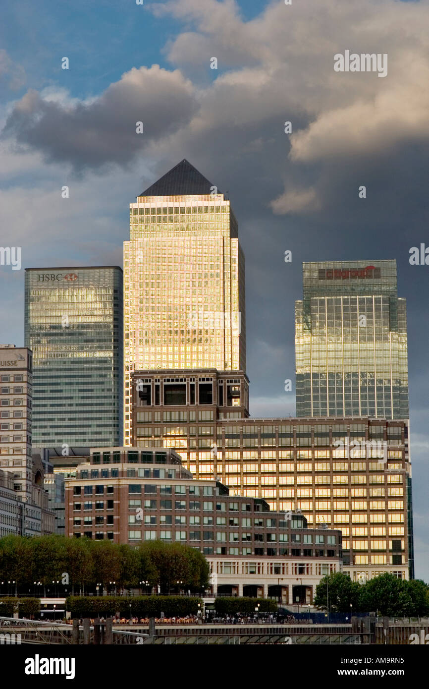 View across River Thames towards Canary Wharf complex Docklands London ...