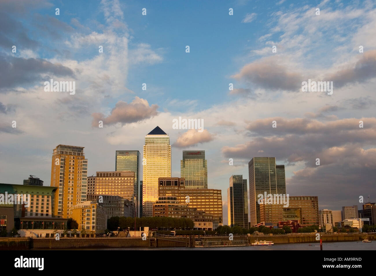 View across River Thames towards Canary Wharf complex Docklands London ...
