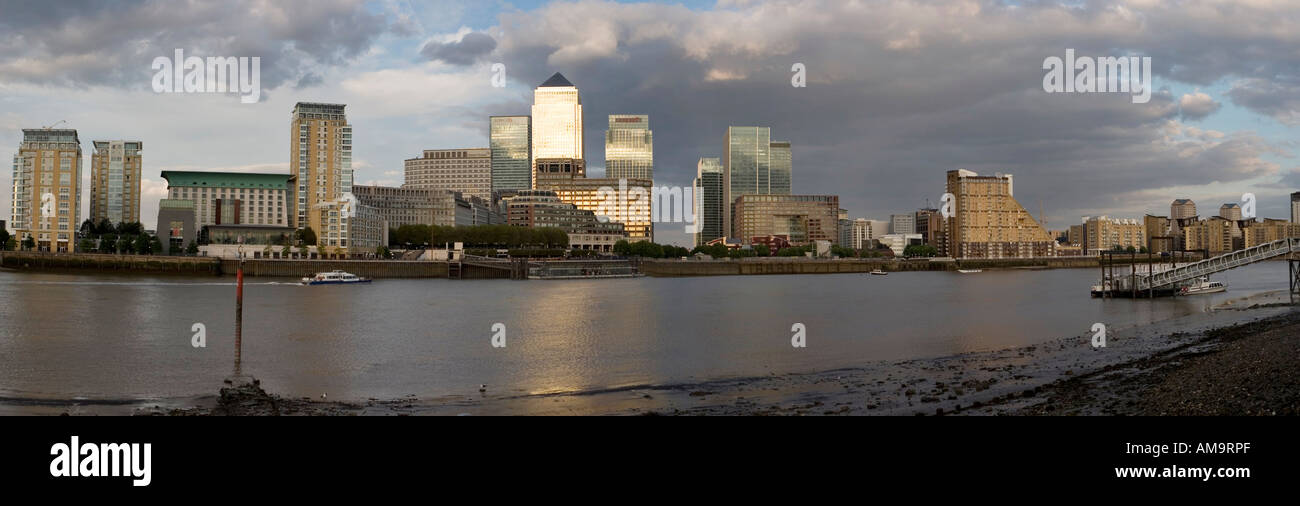 View across River Thames towards Canary Wharf complex Docklands London ...