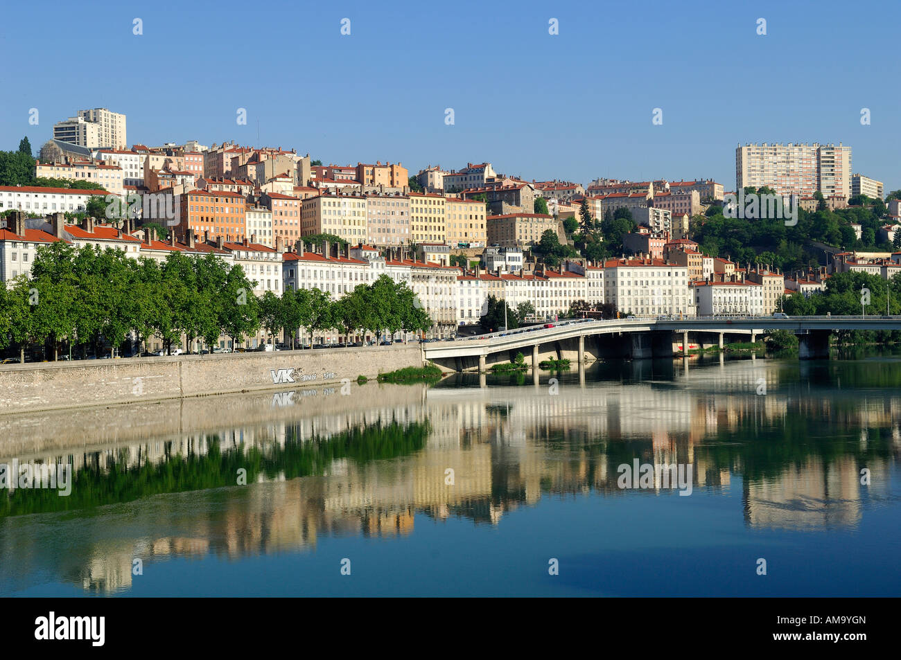 France, Rhone, Lyon, Rhone river bank and La Croix Rousse District ...