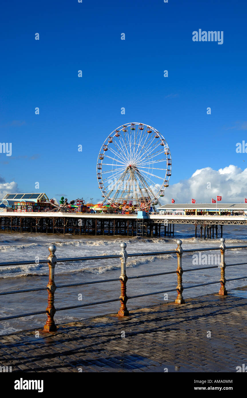central pier and promenade, sea and ferris wheel sunny day blackpool ...