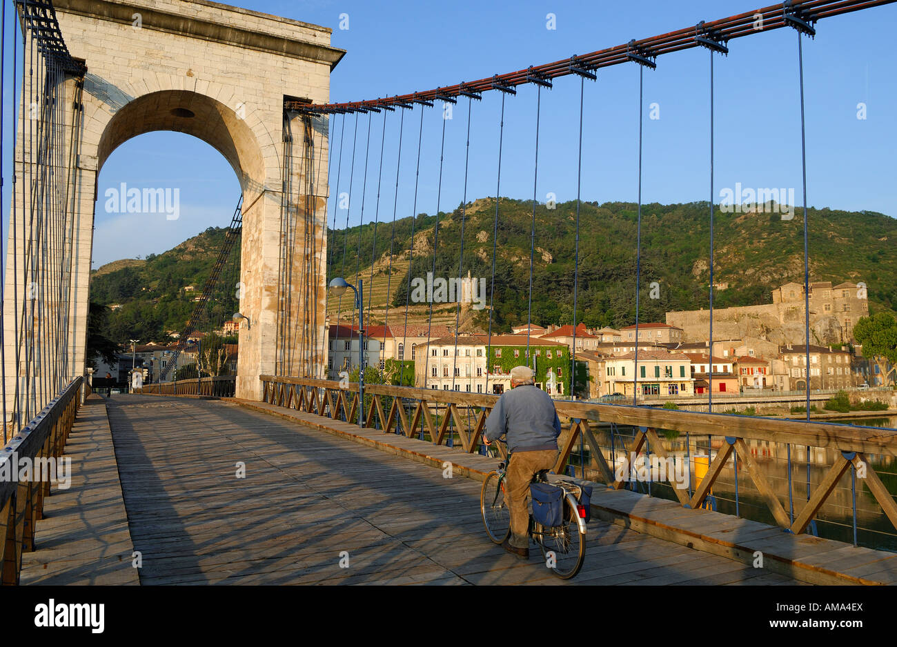 France, Ardeche, Rhone valley, Tournon sur Rhone, suspension bridge on ...