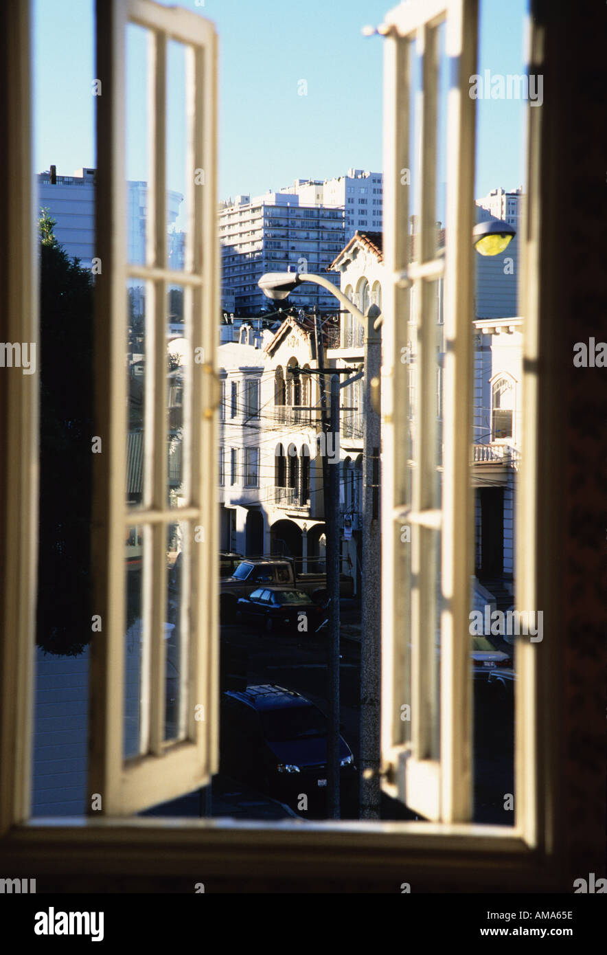 View out of a classic bay window in San Francisco California USA Stock ...