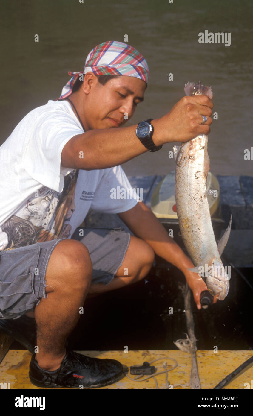 a man is holding a predatory fish caught in the Amazon River near ...
