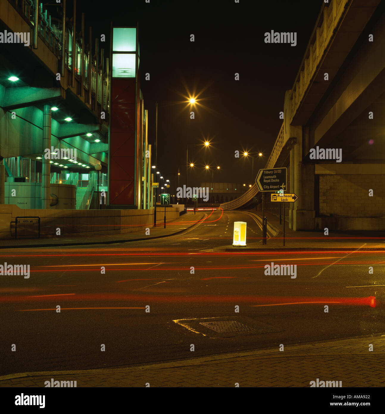 Aspen Way docklands E14 at night London street lighting Stock Photo - Alamy