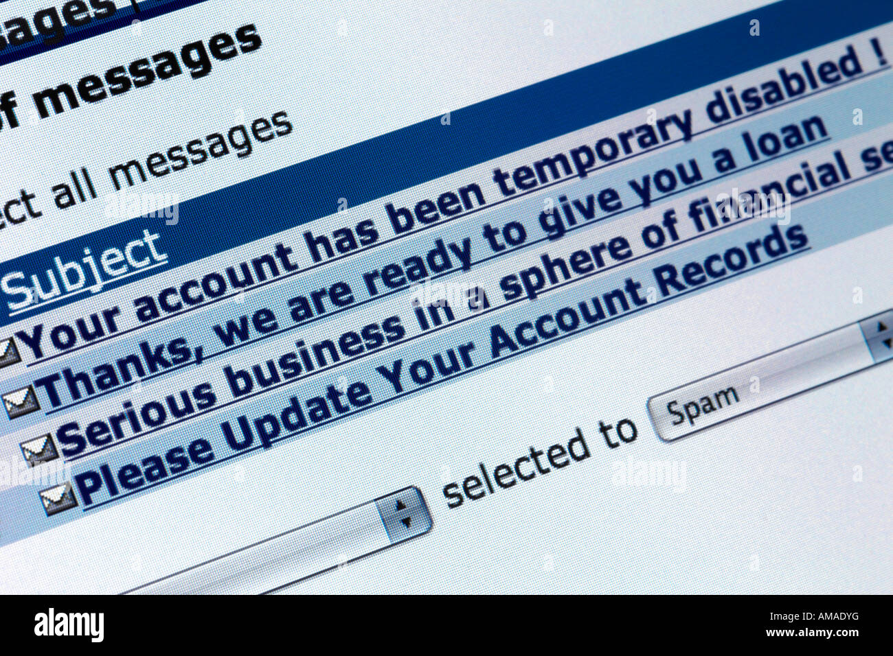 Computer screen showing an email inbox filled with spam messages Stock Photo - Alamy