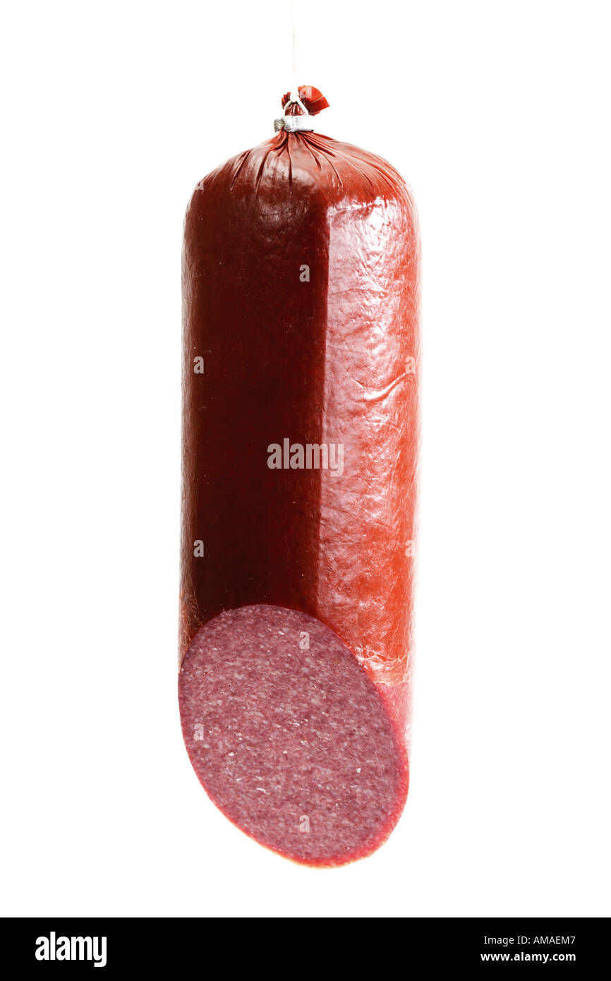 Salami hanging on butcher hook, close-up Stock Photo - Alamy