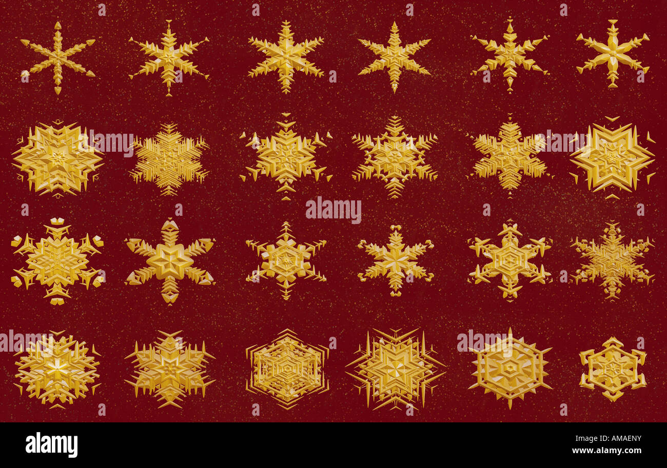 rows of golden snowflakes on a red background Stock Photo - Alamy