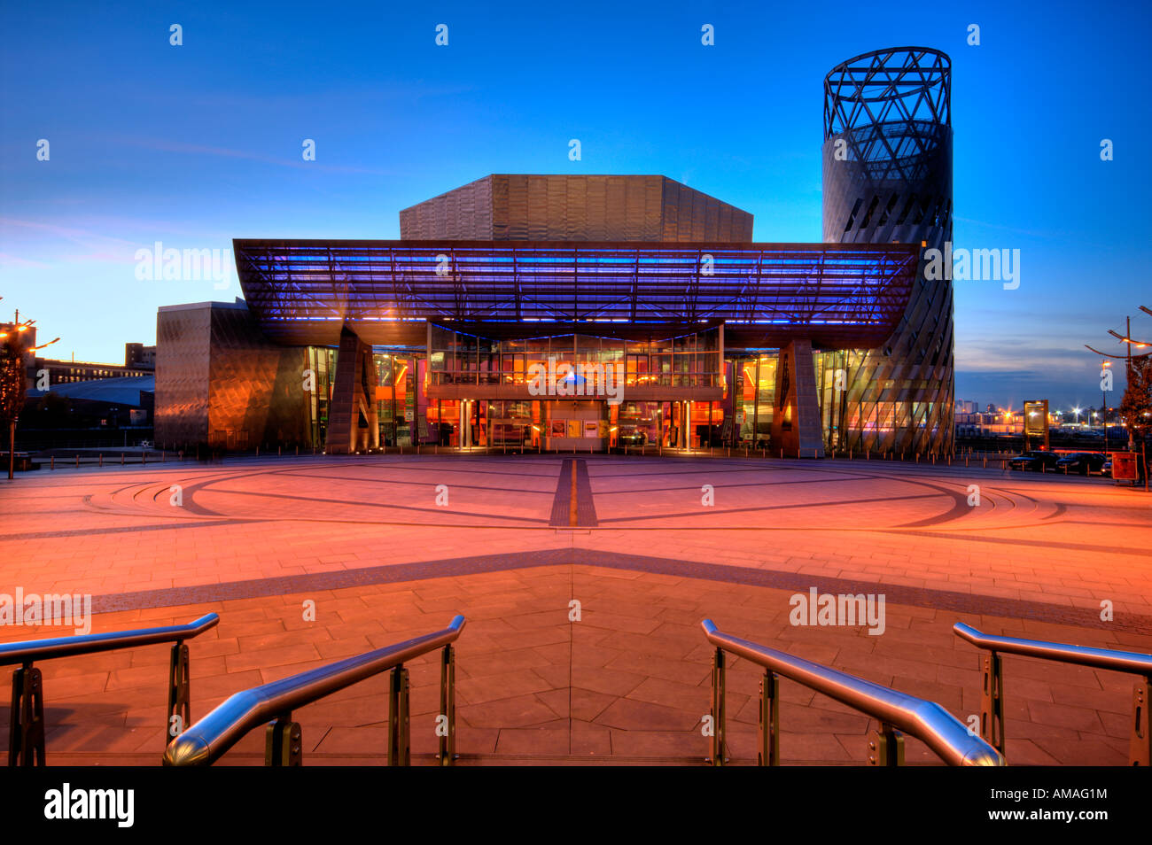 lowry pedestrian suspension footbridge and lowry centre night dusk ...