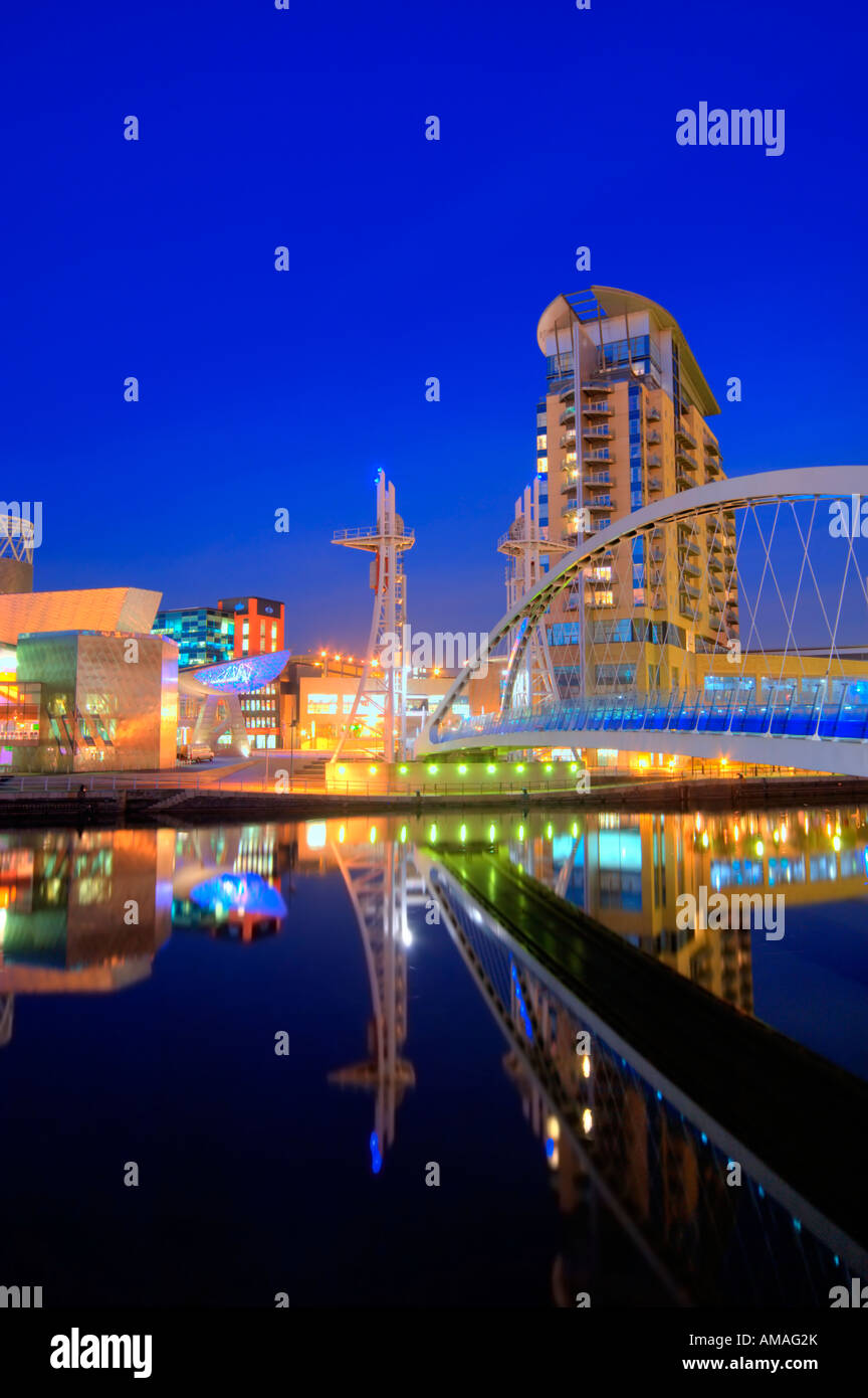 lowry pedestrian suspension footbridge and lowry centre night dusk ...