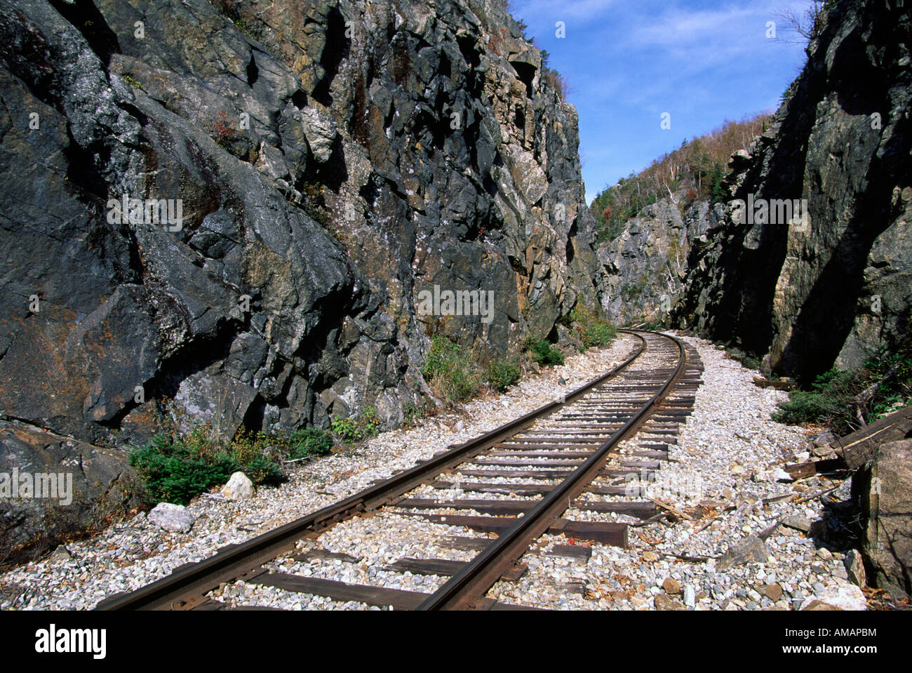 Railroad tracks cut into the hills in the White Mountains of New ...