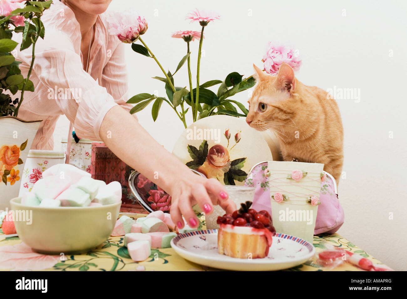 A young woman reaching for a cake Stock Photo - Alamy