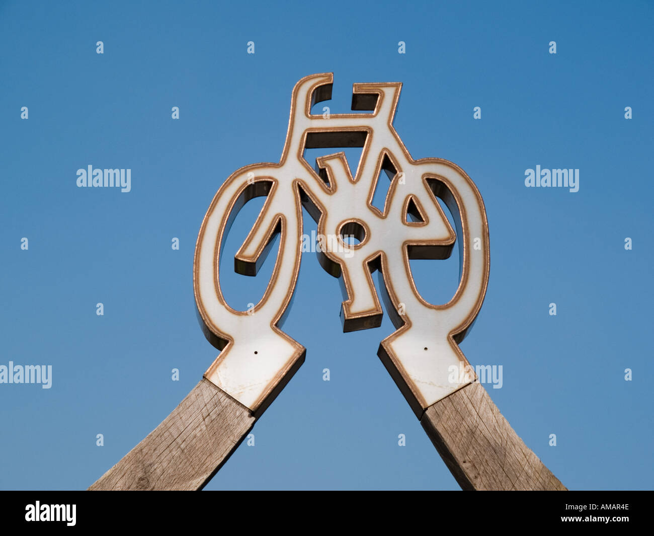 BLUE SKY and BICYCLE SCULPTURE on arch above entrance to cycle route ...