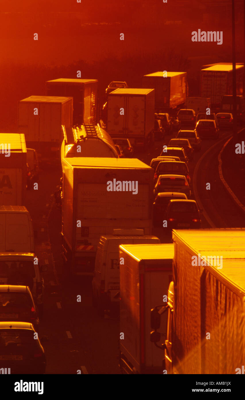 traffic jam on the M62 motorway at sunset near Leeds Yorkshire UK Stock ...