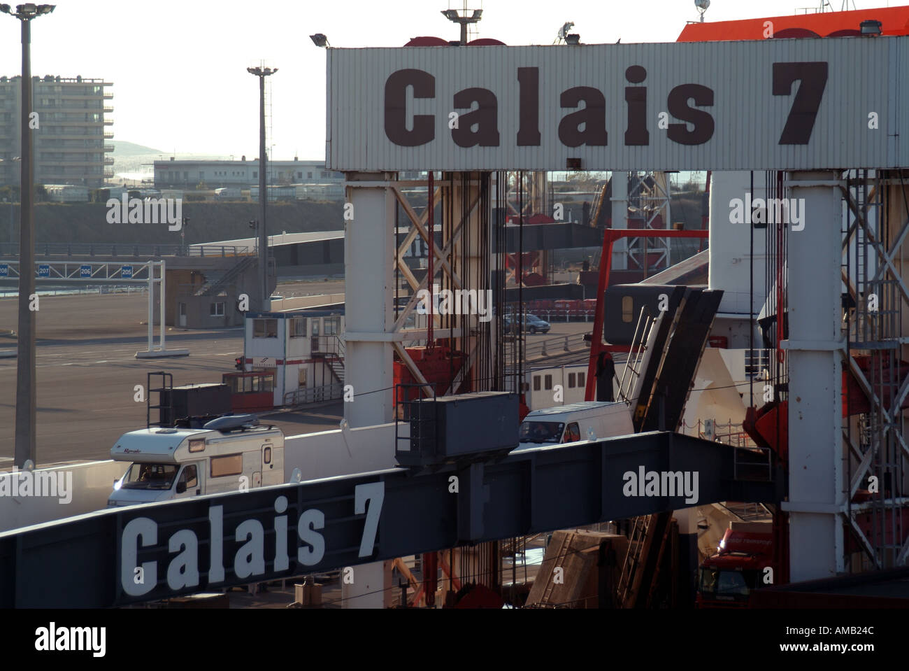 Calais cross channel ferry terminal ramp unloading camper van leaving ...