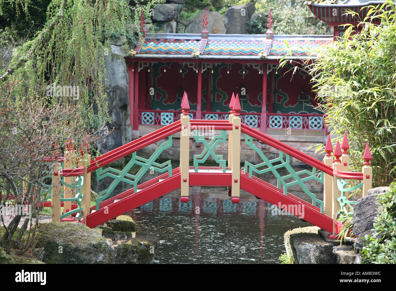 Japanese Style Bridge over Lake at Biddulph Grange Gardens Stock Photo ...