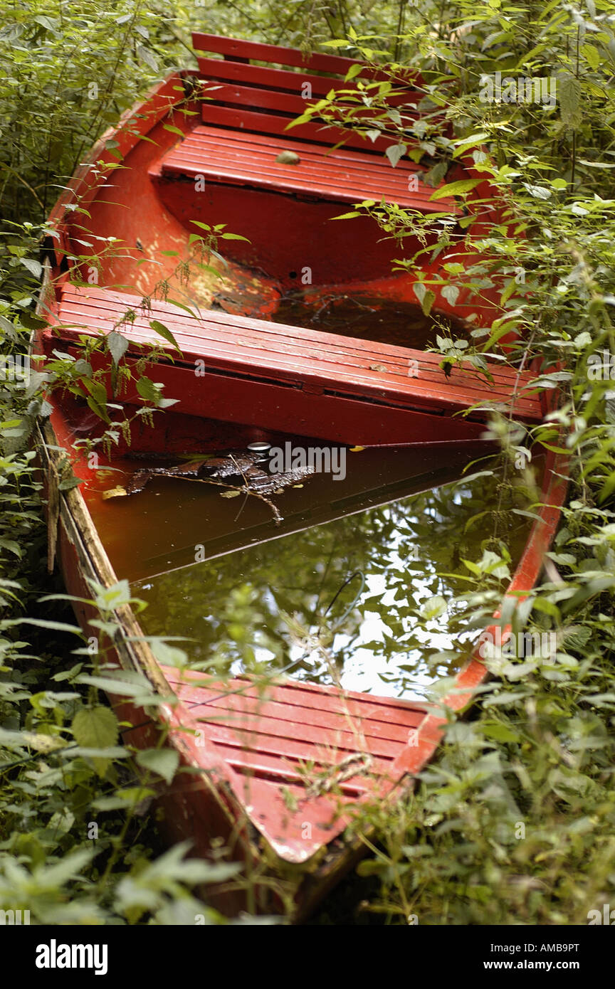 Red Boat filled with water, Germany, North Rhine-Westphalia, Huecker ...