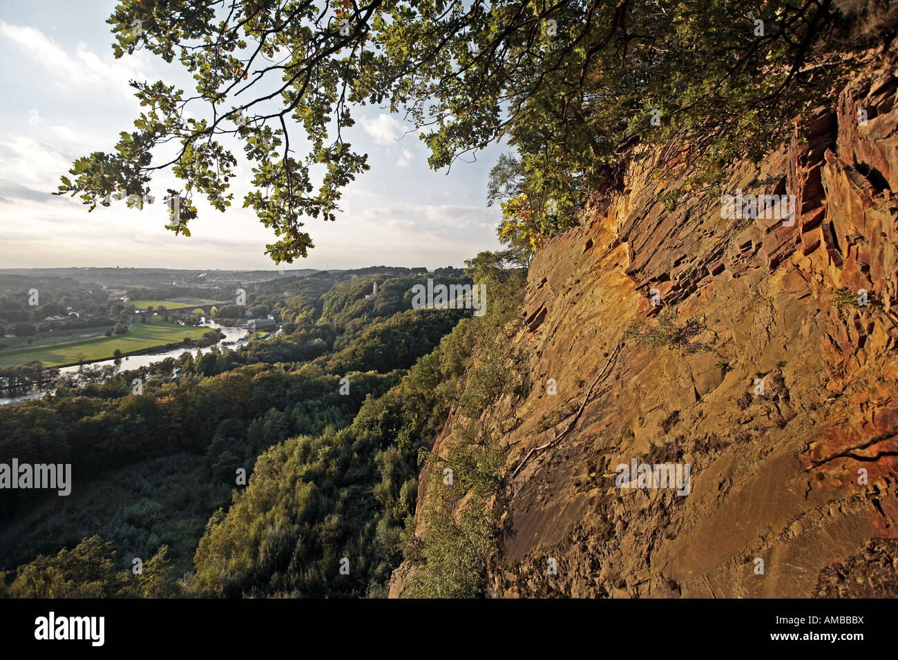 outcrop of the stone pit Rauen with view over the Ruhr Valley, Germany ...