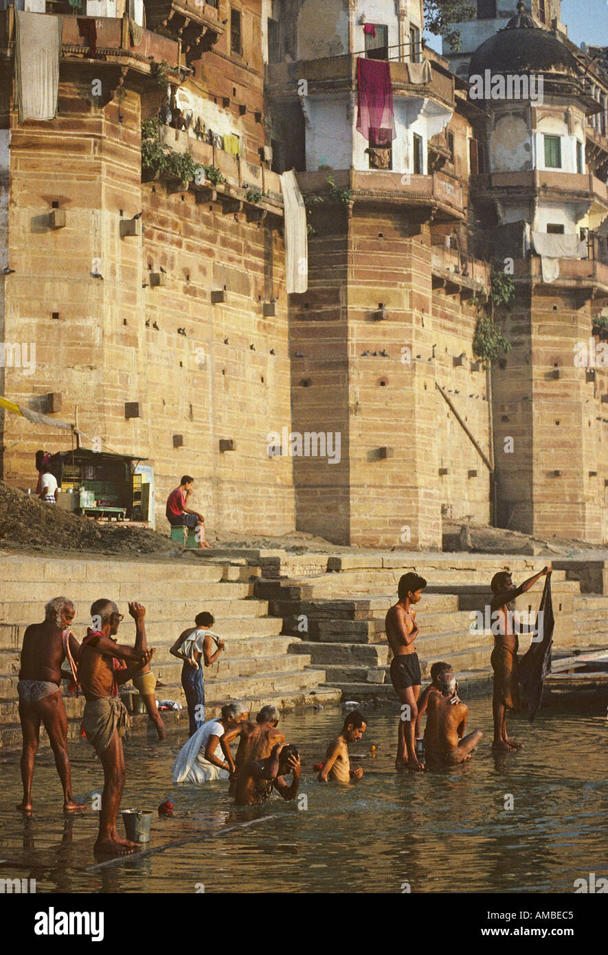 India Uttar Pradesh Varanasi bathing ghats at Ganga River Stock Photo ...