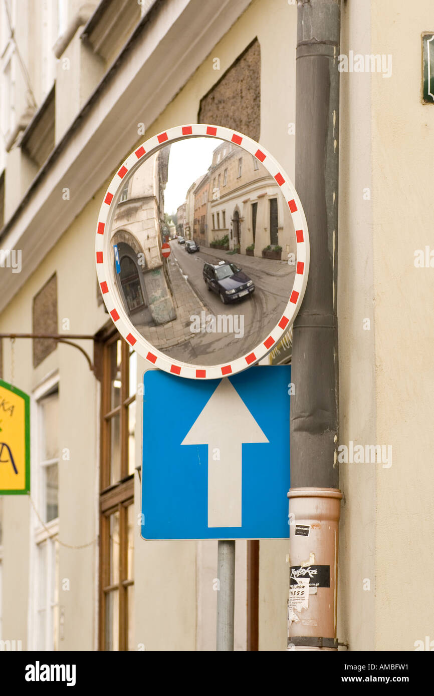 Curved mirror attached to a post and used by drivers leaving their ...