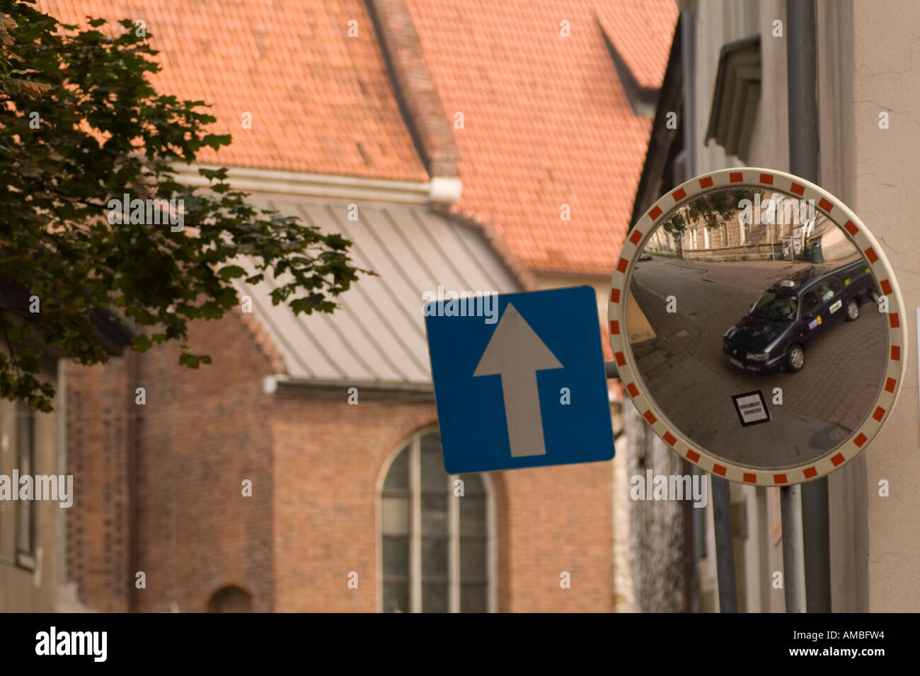 Curved mirror attached to a post and used by drivers leaving their ...