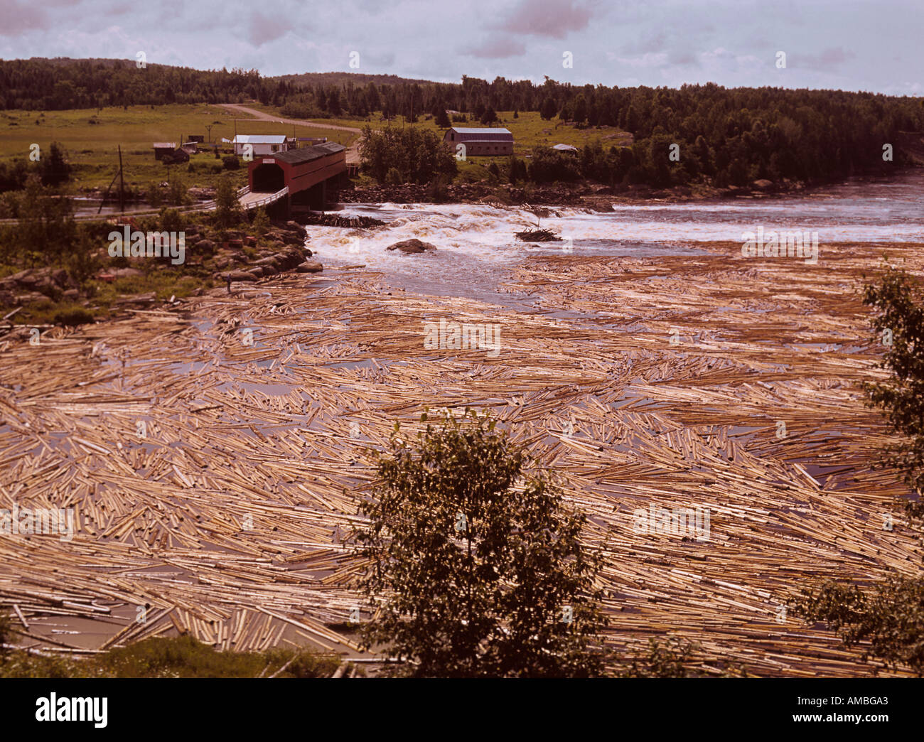 Red Covered bridge over the Gatineau River Pulp logs floating ...