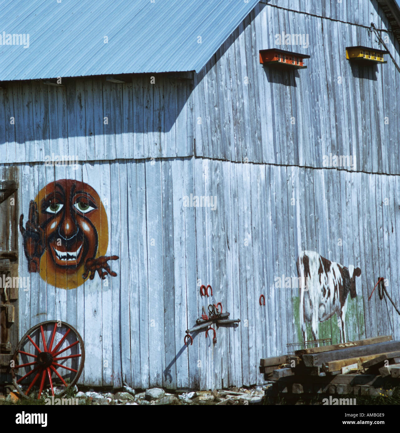 traditional paintings on wooden barn in rural Quebec Canada Stock Photo ...