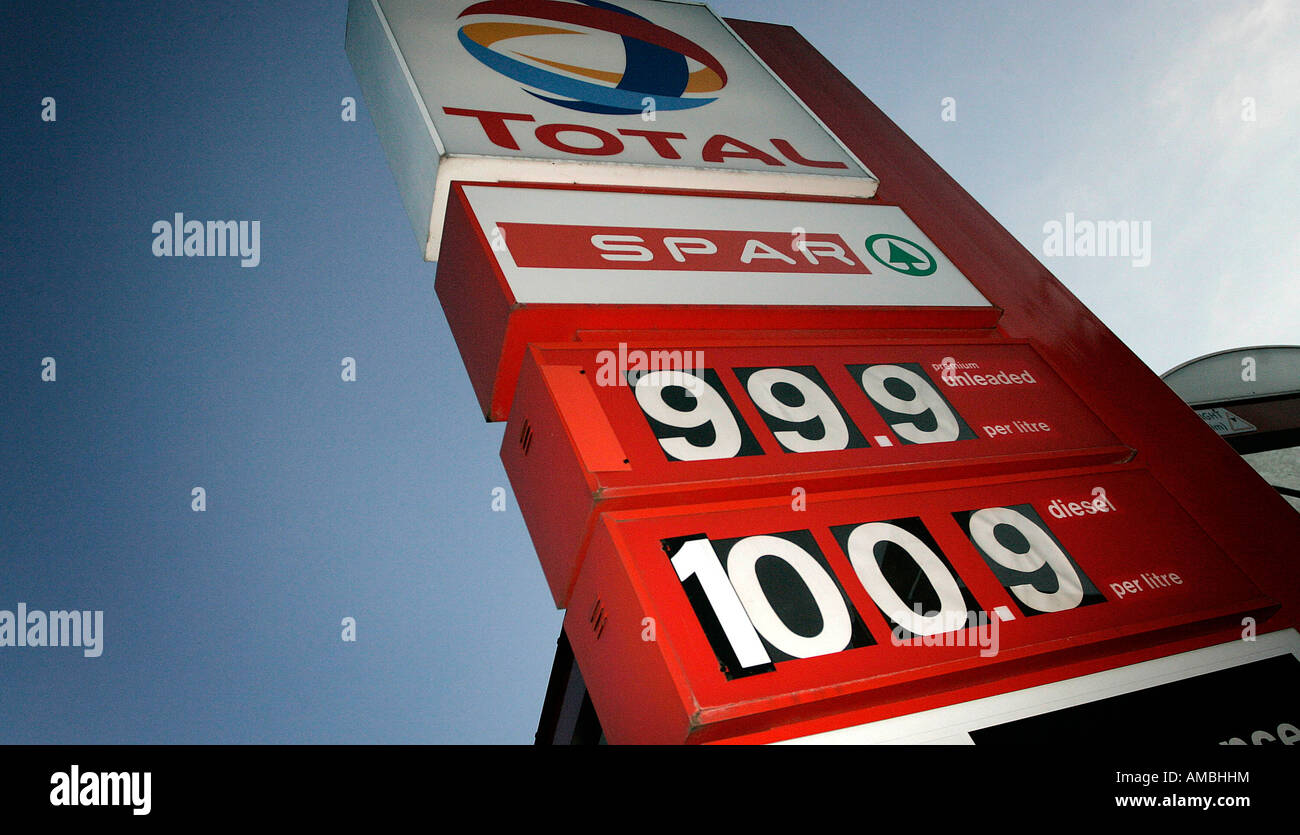 A total petrol (gas) station sign displaying the prices for fuel Stock ...