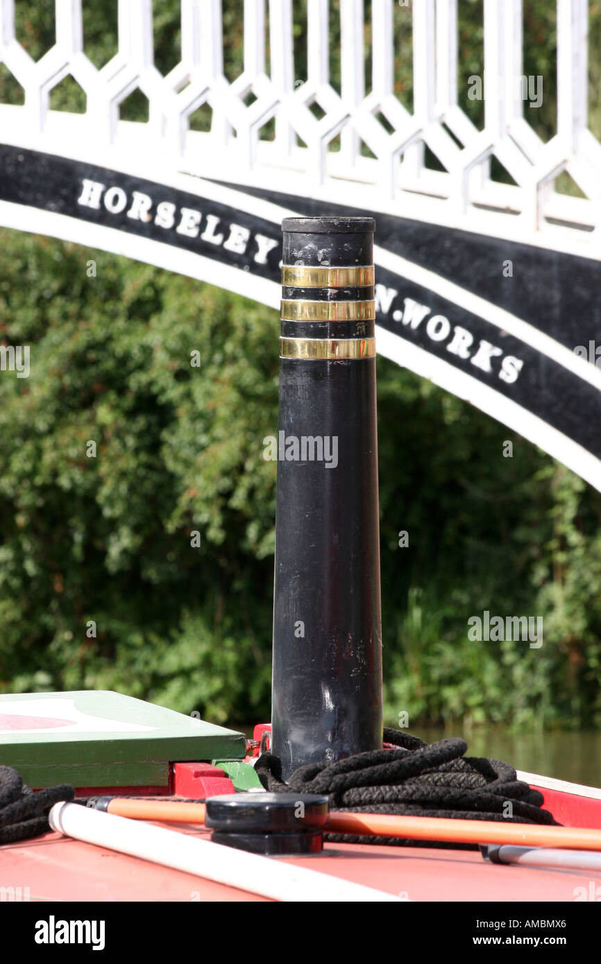 funnel on a barge moored up at Braunston marina in front of black and ...