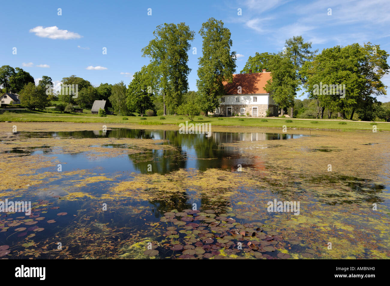 Ponds and traditional buildings, Turaida Museum Reserve, near Sigulda ...